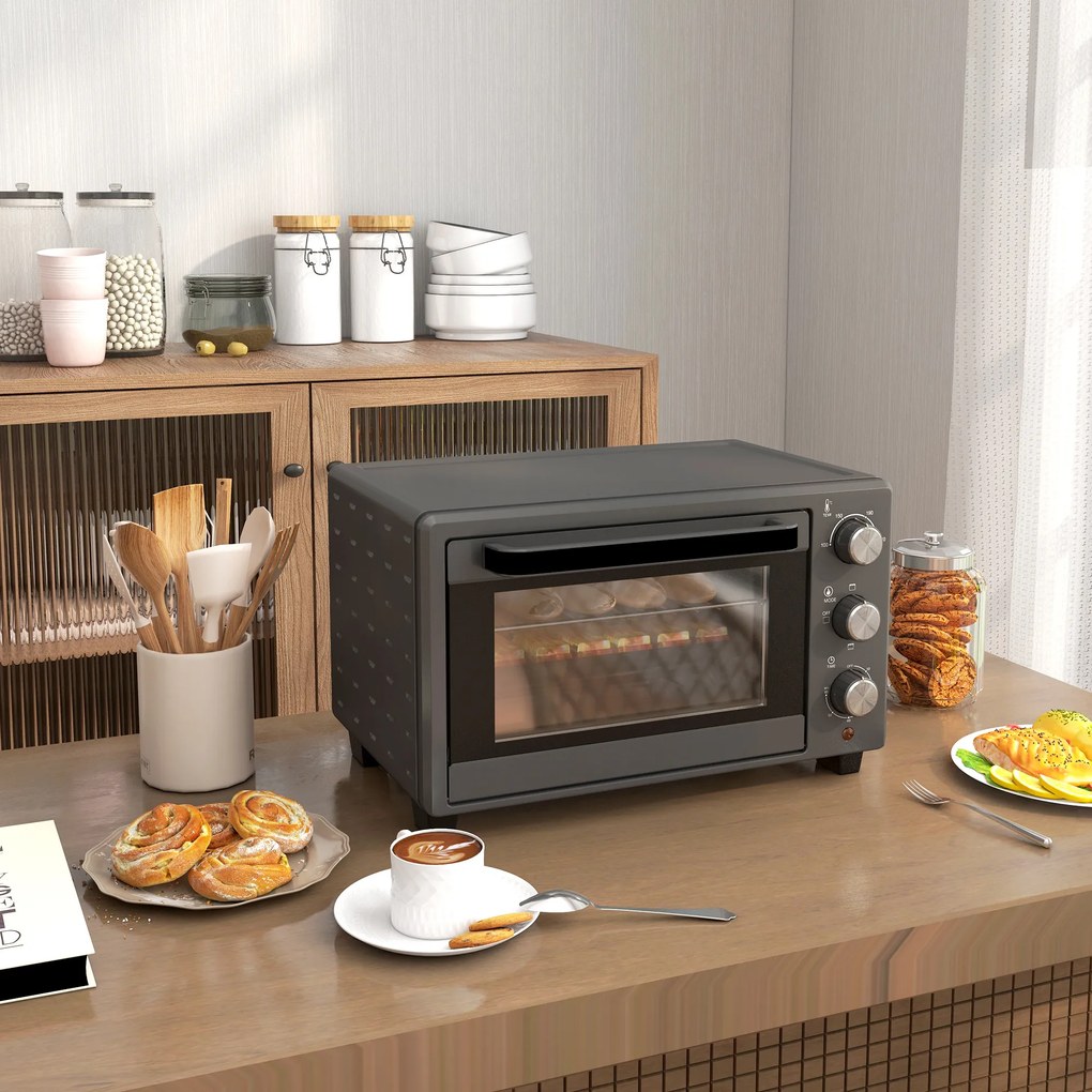 HOMCOM Mini trouba 21L 1400W 60 min. časovač, malá trouba s nastavitelnou dobou pečení 100 °C-230 °C, mini trouba s pečicím plechem, drátěný rošt, ne…