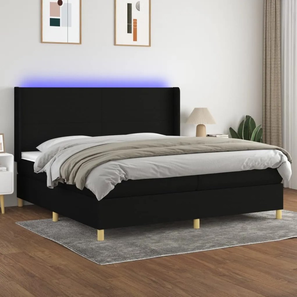 Box spring postel s matrací a LED černá 200x200 cm textil