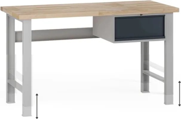 Výškově nastavitelný dílenský stůl G7, buková spárovka, 1500 x 685 x 840-1040 mm, 1x kontejner, 1 zásuvka, grafit