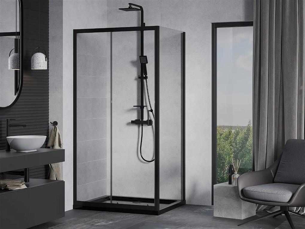 Mexen Apia sprchový kout s posuvnými dveřmi 110 (dveře) x 80 (stěna) cm, 5mm čiré sklo, černý profil + černá sprchová vanička s černým sifonem, 840-110-080-70-00-4070B