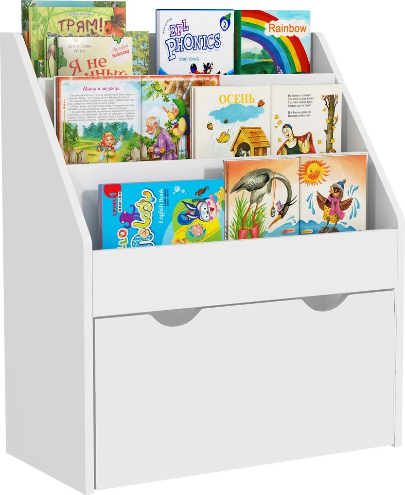 AIYAPLAY Dětský knihovnička 3-8 let se 3 policemi a spodním šuplíkem, MDF dřevěný regál na hračky, 62,5x30x70 cm, Bílá | Aosom