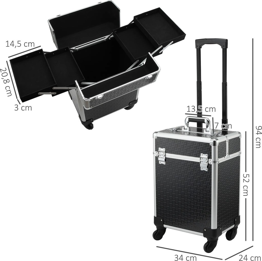 HOMCOM Kosmetický Vozík na Make-up s Telescopickým Držadlem - Nastavitelný, 34L x 24W x 52H cm, Hliník Černý
