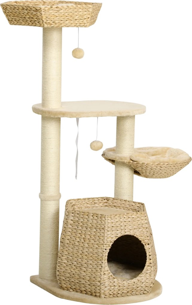 PawHut Kočičí strom s poškrabávadlem, 119 cm, vyztužené sloupky, úkryt, houpačka, 2 závěsné míčky | Aosom