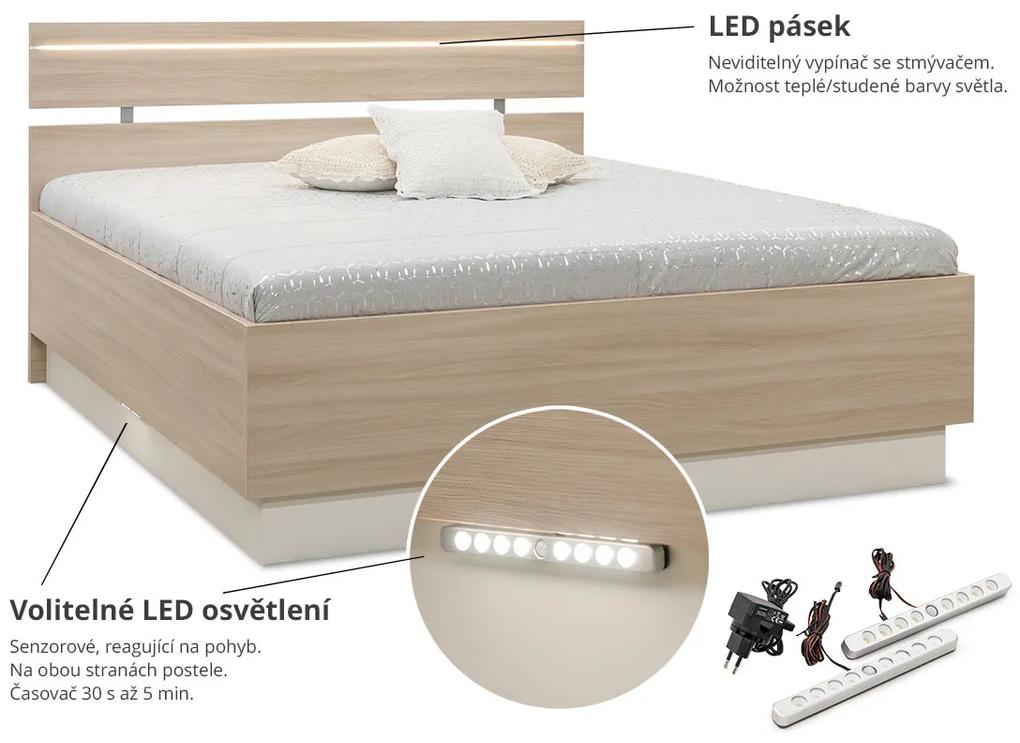 Nábytek Mikulík Dvoulůžková postel SMART L s úložným prostorem a LED, 180×200 cm Dekor: Dub bělený