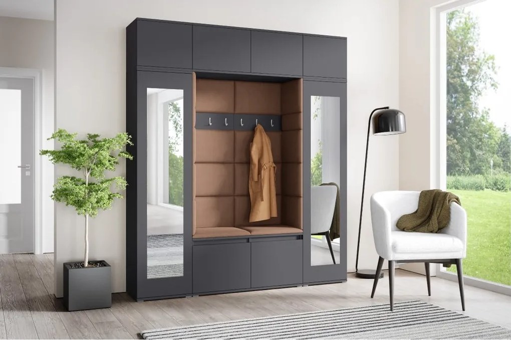Eka Předsíňová stěna s čalouněnými panely Trinity 32 - Grafit / Hnědá 2307