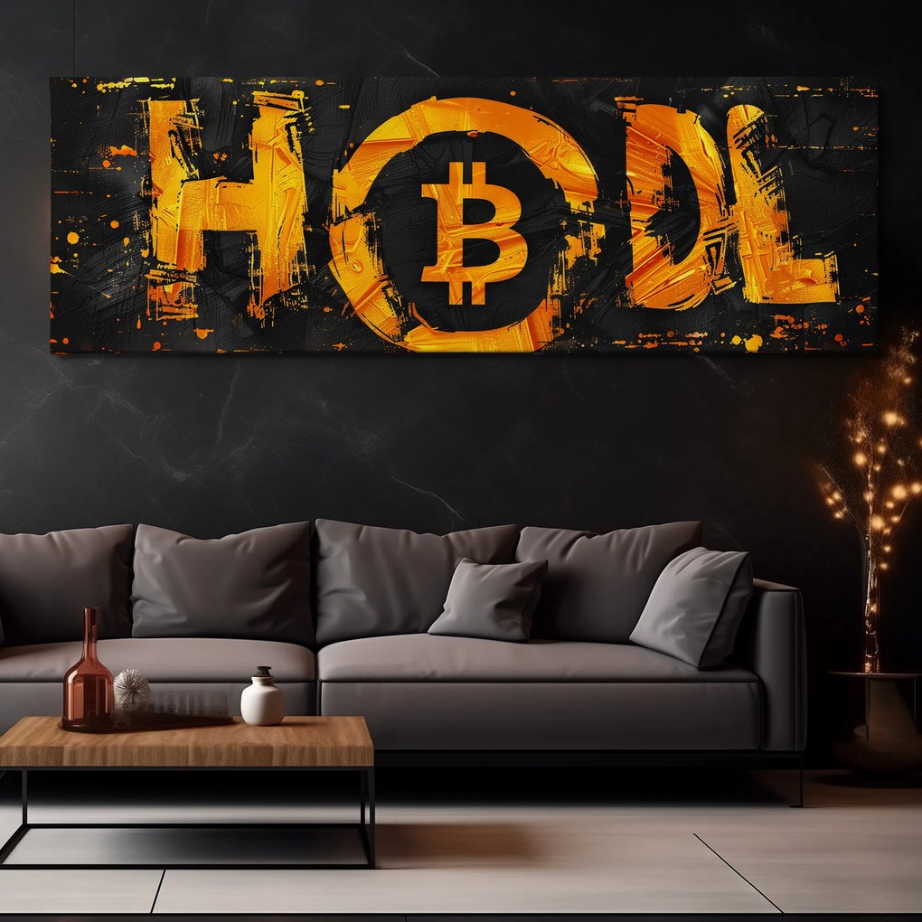 Obraz na plátně - Bitcoin, HODL FeelHappy.cz Velikost obrazu: 150 x 50 cm