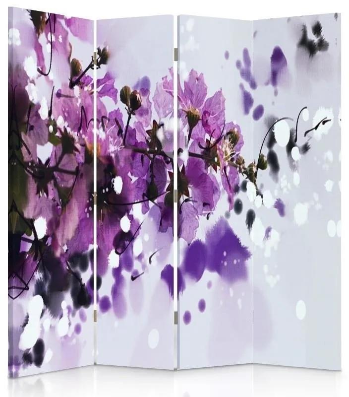 Ozdobný paraván Malované květiny béžová - 145x170 cm, čtyřdílný, obustranný paraván 360°