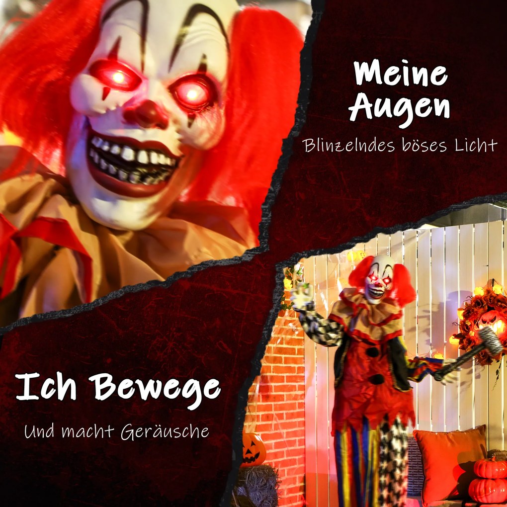 Outsunny Hrůzostrašný klaun, animatronika na Halloween, 173 cm, svítící oči, aktivace zvukem, pohyblivé paže a hlava, na baterie, plast, kov, červená