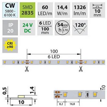 LED pásek McLED 24V studená bílá CRI90 š=10mm IP20 14,4W/m 60LED/m SMD2835 ML-126.702.60.2