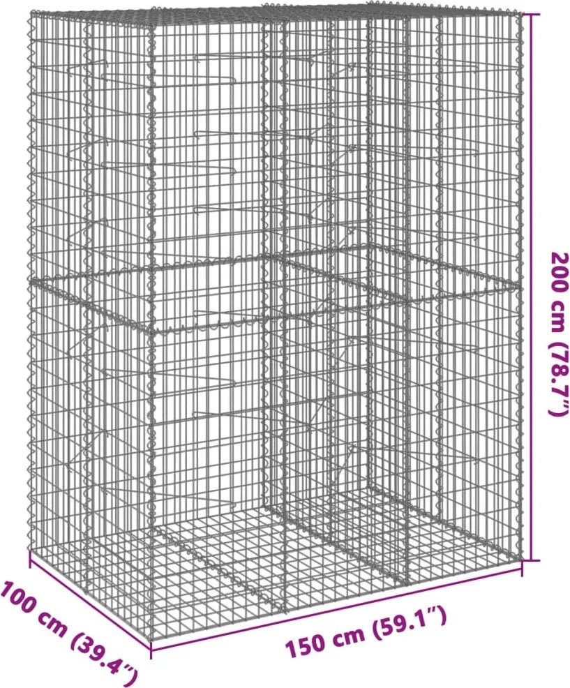 Gabionový koš s víkem 150 x 100 x 200 cm pozinkované železo 3295226