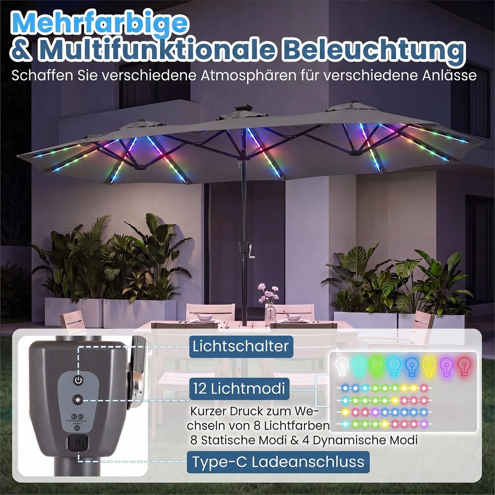 Costway Dvojitý slunečník s klikou a stojanem s 108 LED světle – 370 × 200 cm