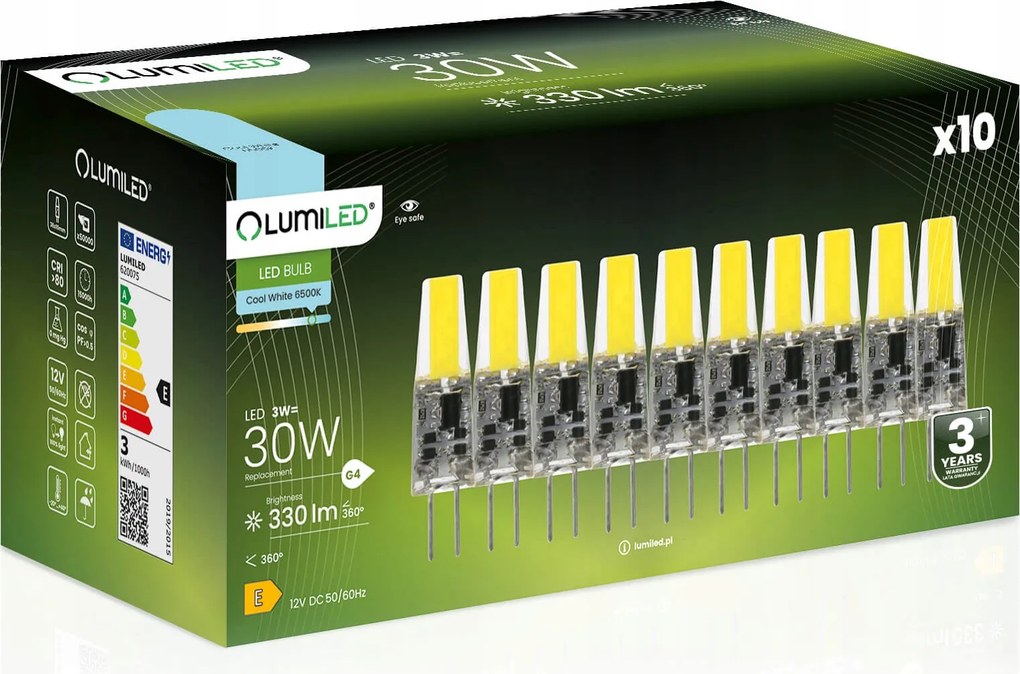 10x Led žárovka Kapsle Mini G4 3W 30W 6500K Studená Barva Cob 12V Lumiled