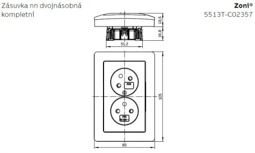 ABB Zoni dvojzásuvka šedá/bílé okraje 5513T-C02357 141 s clonkami (2CHT132357C4141)