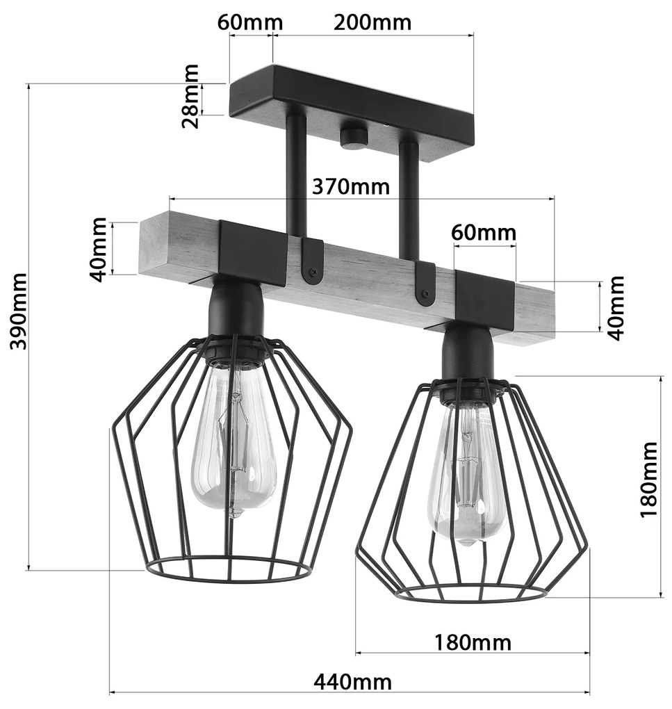 Light for home - Lustr přisazený ke stropu na tyči 15609 "CAMEROON", 2x60W, E27, černá, přírodní olše