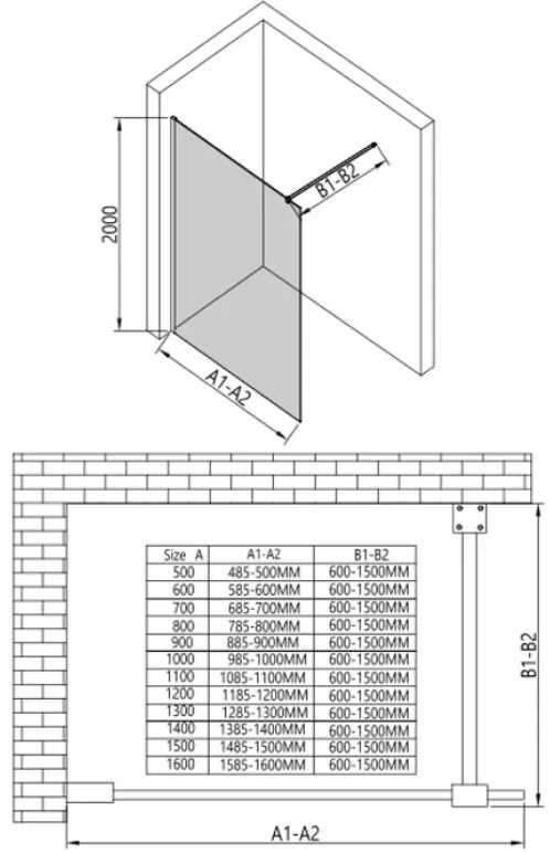 Erga Paris, sprchová zástěna Walk-In 60x200 cm, 8mm sklo námraza, černý profil, ERG-V02-PARIS-060x200-FR-BK