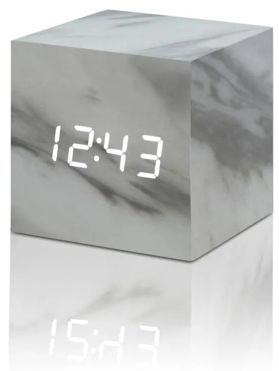 Šedý budík v mramorovém dekoru s bílým LED displejem Gingko Cube Click Clock