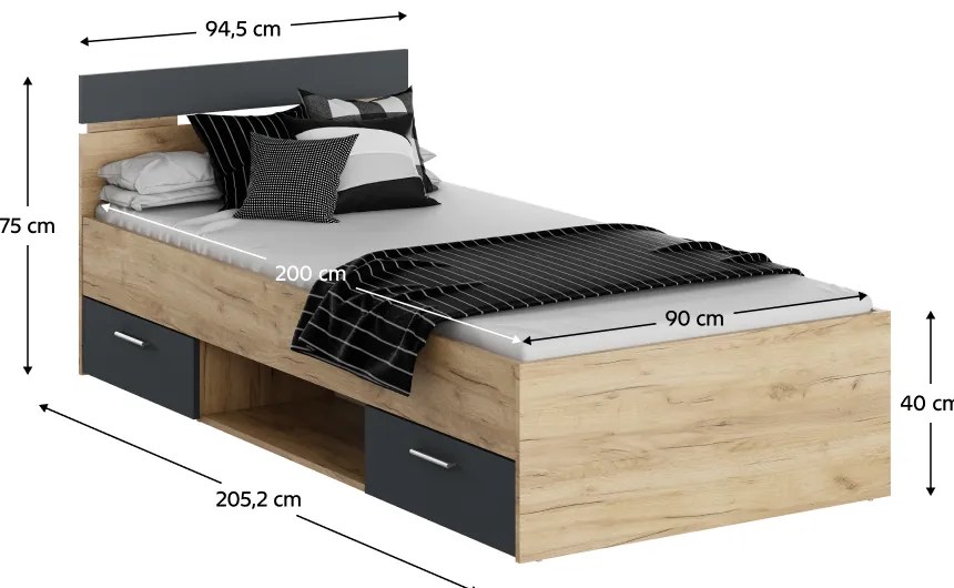 Kondela Postel, 90x200, dub artisan/grafit, MICHIGAN NEW