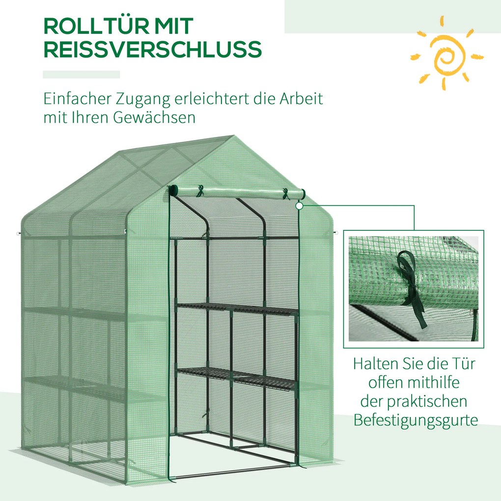 Outsunny polytunelový skleník Walk-in skleník s 8 policemi pro rajčata, ocel a PE plast, zelený, s dvířky pro optimální péči o rostliny
