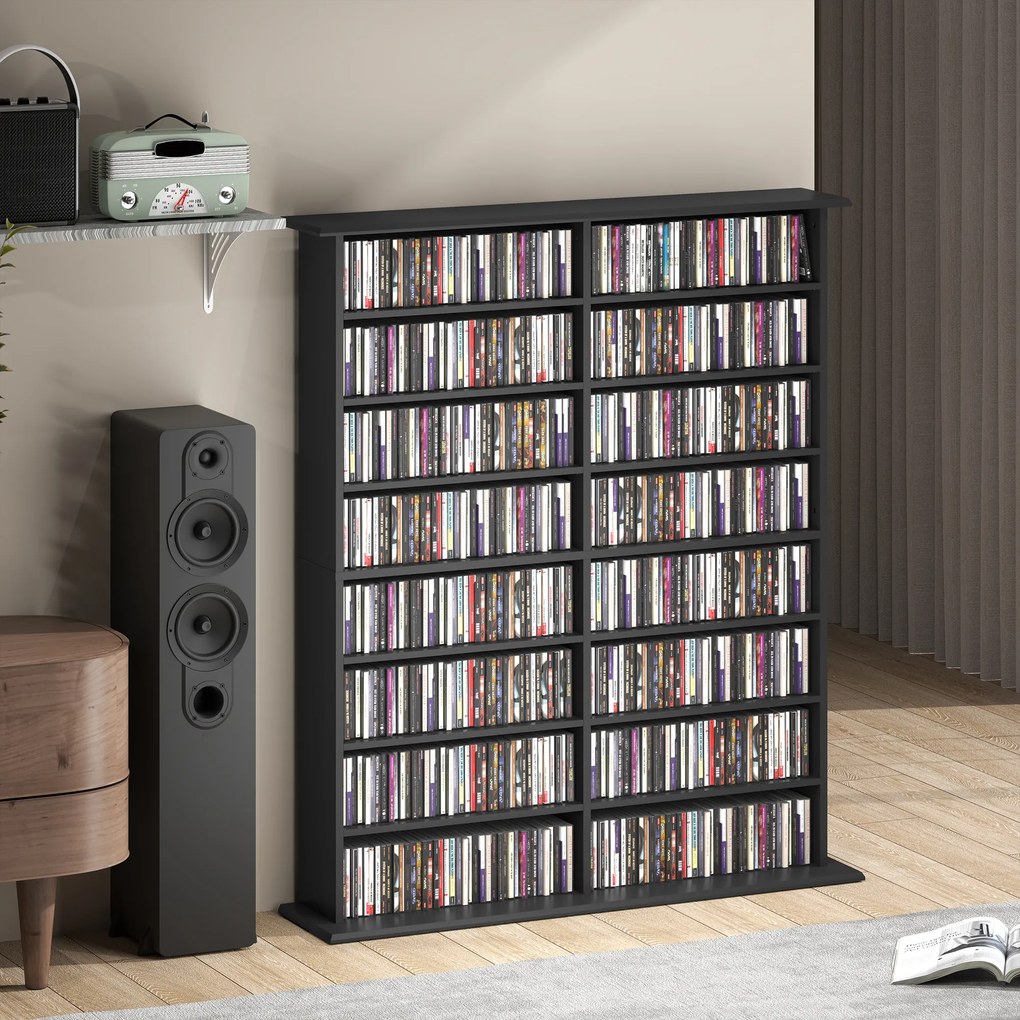 HOMCOM Moderní Knihovna s 16 Policemi pro 720 CD, Držák na CD z Dřevotřísky, 106,5x24x123,7 cm, Černá