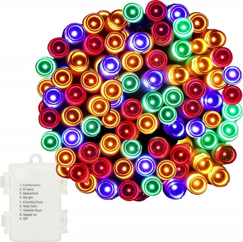 LED světelný řetěz - 9m, 120LED, 8-funkcí, 3xAA, IP44, multicolor