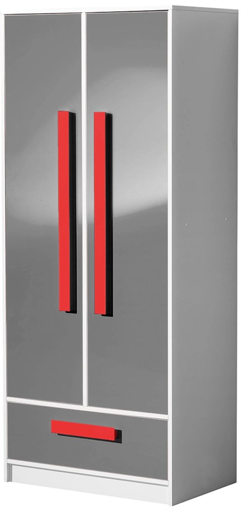 Šatní skříň GULIVER 1 Domel 80/191/50 barva: bílý mat/bílý lesk/červené úchyty