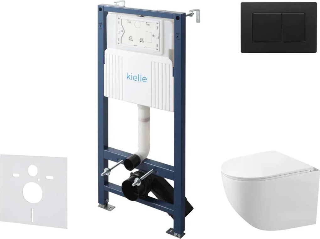kielle Genesis New - Set předstěnové instalace, kompaktního klozetu Gaia, Rimless, sedátka softclose a tlačítka Gemini New III, matná černá 30528SS90