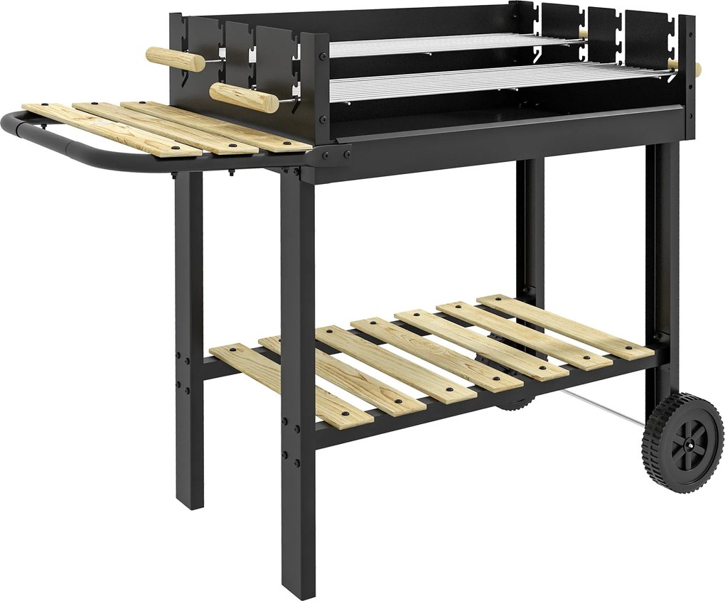 Gril na dřevěné uhlí Outsunny s nastavitelným dvojitým grilem, 2 kola a 2 policemi, rozměr 113L x 53,5W x 82,5H cm Černý | Aosom
