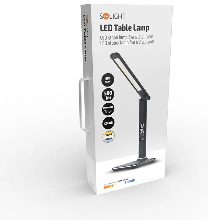 Solight LED stolní lampička s displejem, 9W, volba teploty světla, kůže, černá