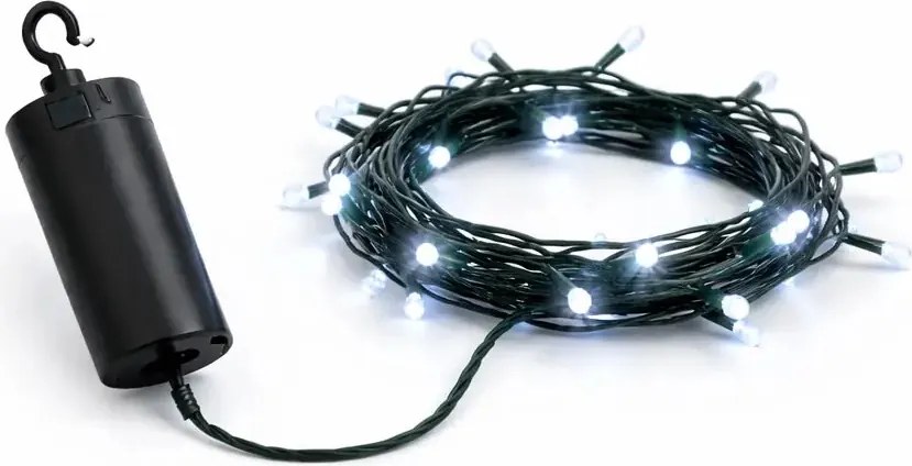 LED světýlka na baterie, venkovní, 2,2 m, ledově bílá, 20 diod, tmavě zelený kabel, IP44, ovladač, 4 × AA