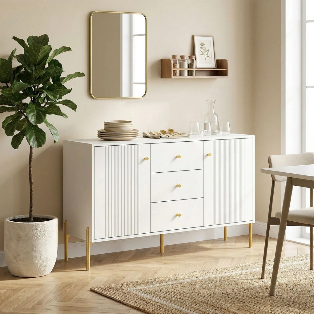 HOMCOM Moderní sideboard, nábytek do kávového koutku se 3 tichými zásuvkami, 2 nastavitelné police, 5 kovových nohou, bílé