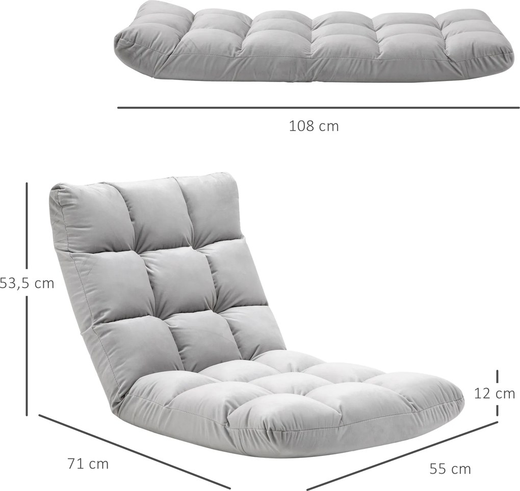HOMCOM skládací podlahové křeslo 3 v 1 s nastavitelným opěradlem 13 poloh skládací lehátko šedé z kovové pěny 55x71x53,5cm do obývacího pokoje a na z…