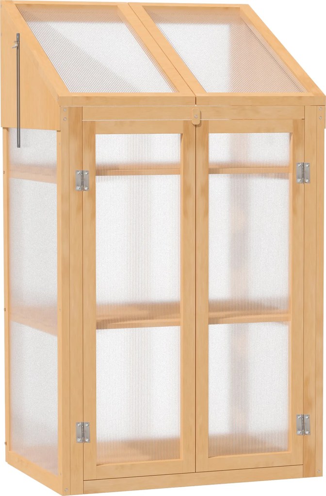 Outsunny dřevěný studený rám, mini skleník 70 x 50 x 120 cm, skleník s krytem, oknem, dvoukřídlými dveřmi, světlo-propustný studený rám se 3 policemi,
