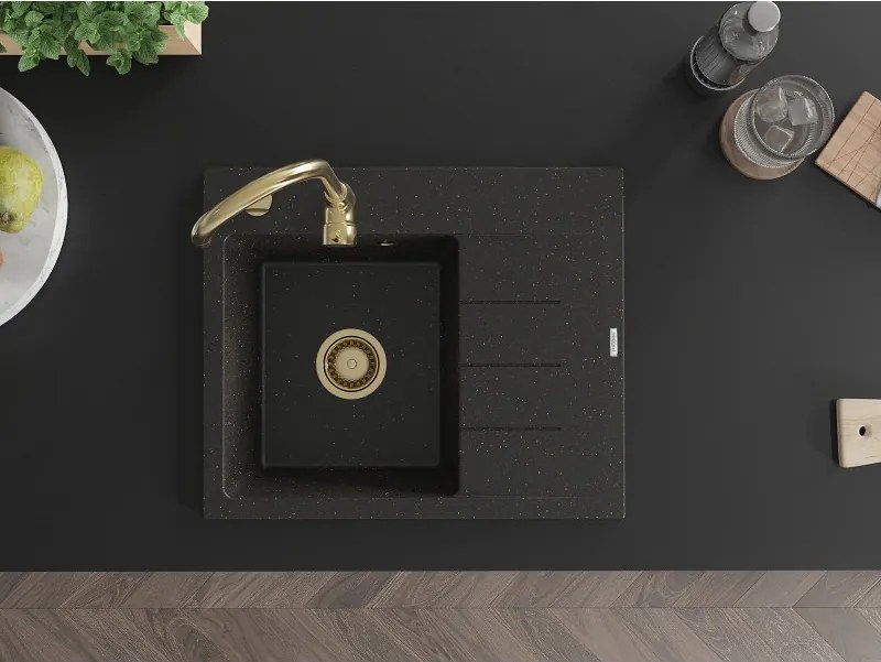 Mexen Ben, 1-komorový granitový dřez 600x500x190 mm, levý + zlatý sifon, černá-zlatá metalíza, 6522605000-75-G