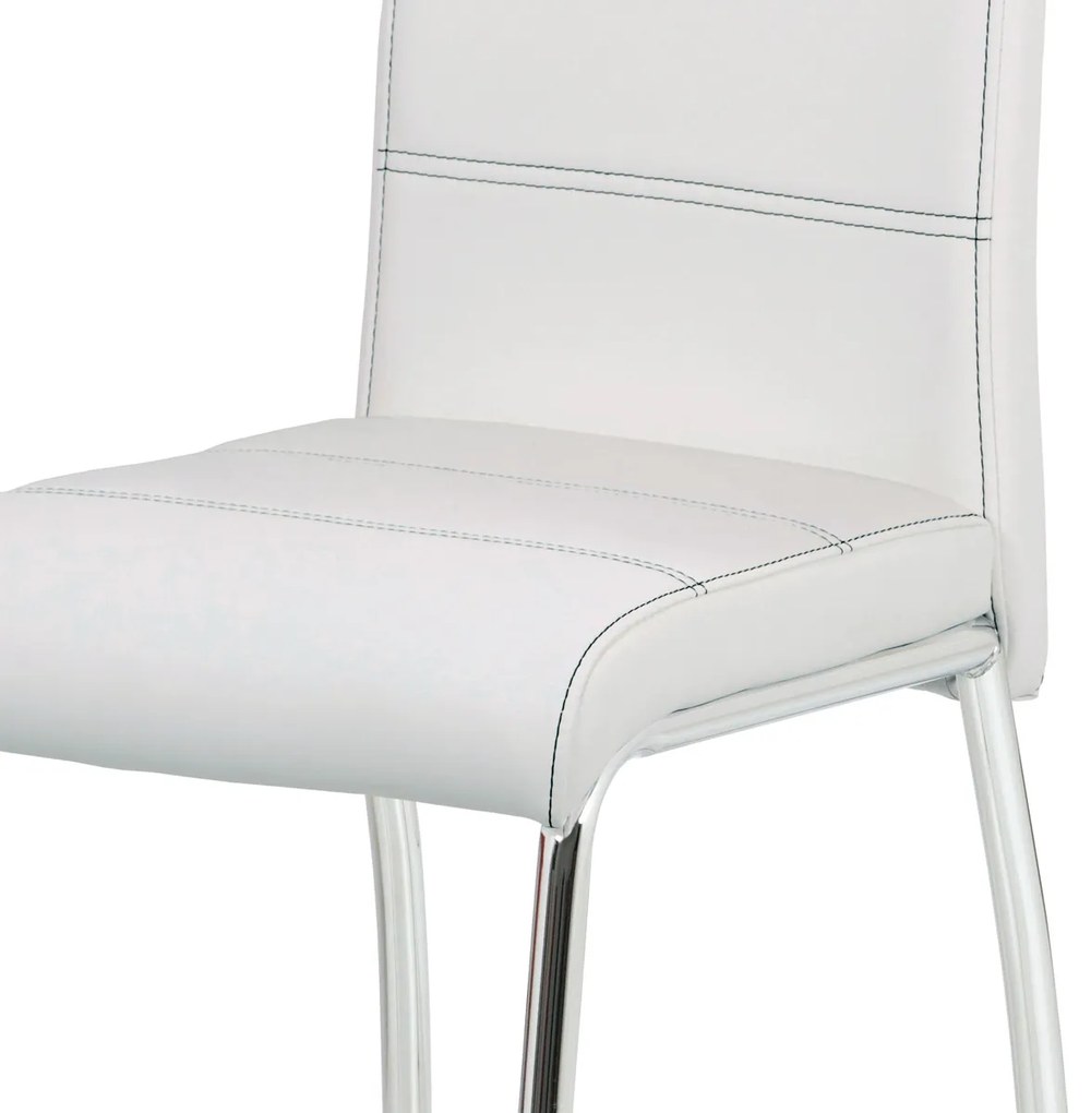 AUTRONIC Jídelní židle, potah bílá ekokůže, černé prošití, kovová čtyřnohá chromovaná pod