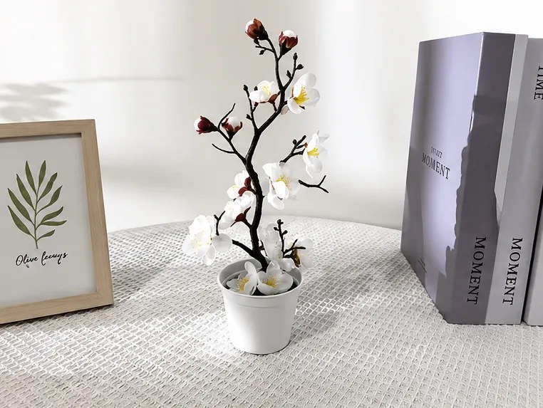 umělá květina, bonsai švestkového květu, plast, výška 28 cm, bílá, Dekorino UK20260003