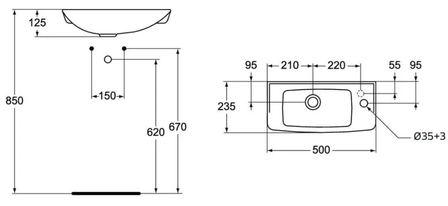 Mereo Mereo, Umyvadlo s otvorem pro baterii 50 cm, VSD41 (W449401)