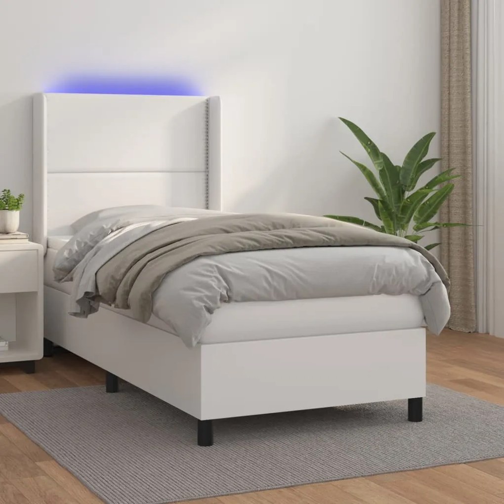 Box spring postel s matrací a LED bílá 100x200 cm umělá kůže