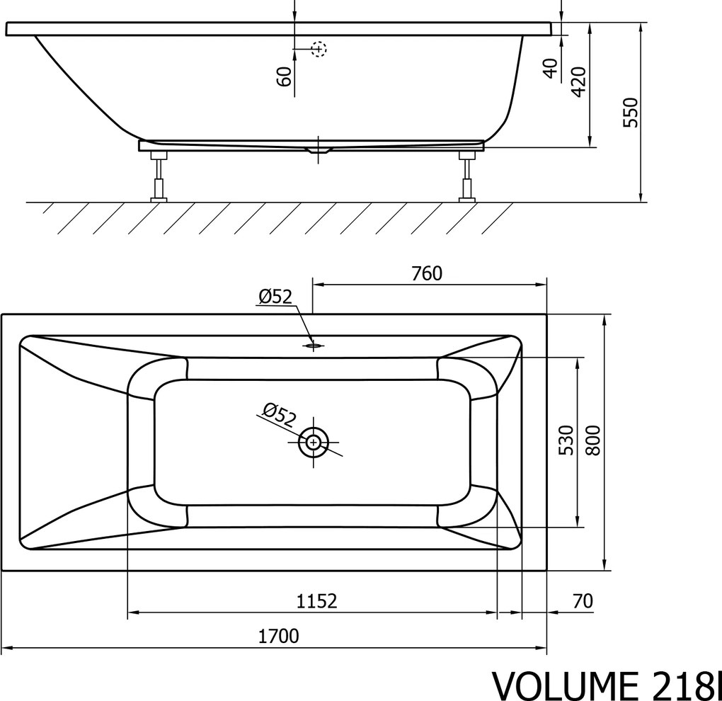 Aqualine Nisa obdélníková vana 170 x 80 x 42 cm akrylát bílá A1780