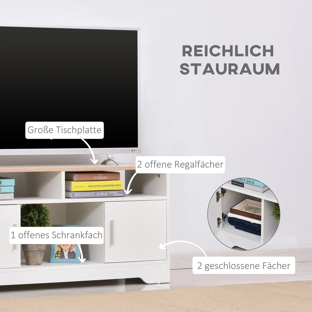 HOMCOM TV Skříňka pro Obývací Pokoj s Velkým Úložným Prostorem, Otevřené Police, Správa Kabelů, Klasický Design 105x40x52 cm Bílá
