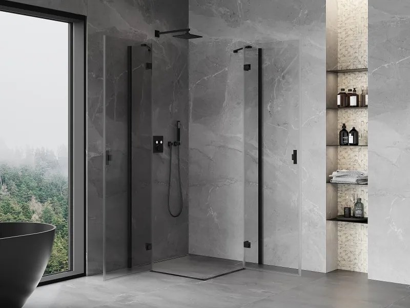 Mexen Mist-H Duo, 2-křídlý výklopný sprchový kout 100 x 100 cm, čiré sklo, černý profil, 8A5-100L-100P-70-00