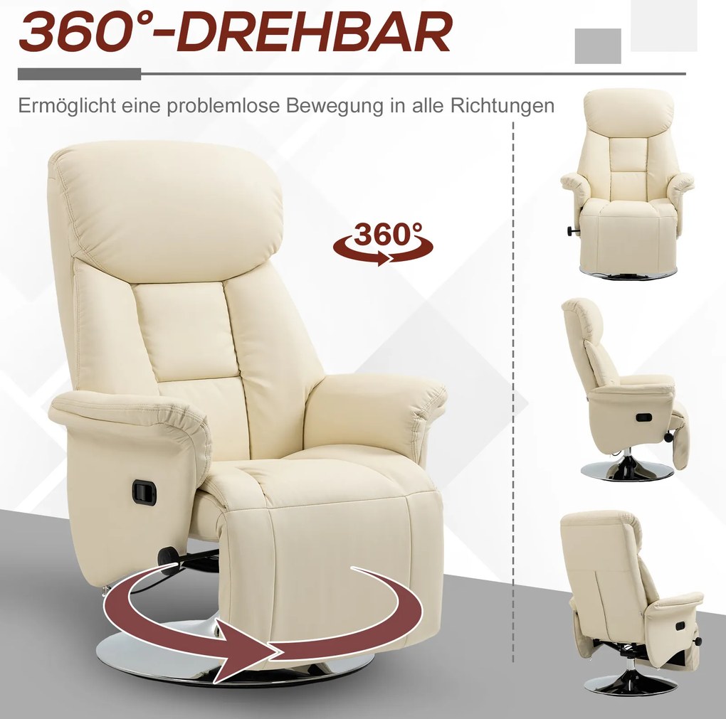 HOMCOM Relaxační křeslo s nastavitelnou opěrkou a 360° otočením, umělá kůže, do 150 kg, pro obývací pokoj, ložnici, domácí kino, krémové