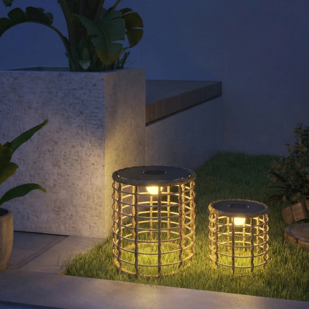 Outsunny Solární stojací lampa sada 2 ratanových solárních lamp se světelným senzorem LED solární světlo v boho stylu IP44