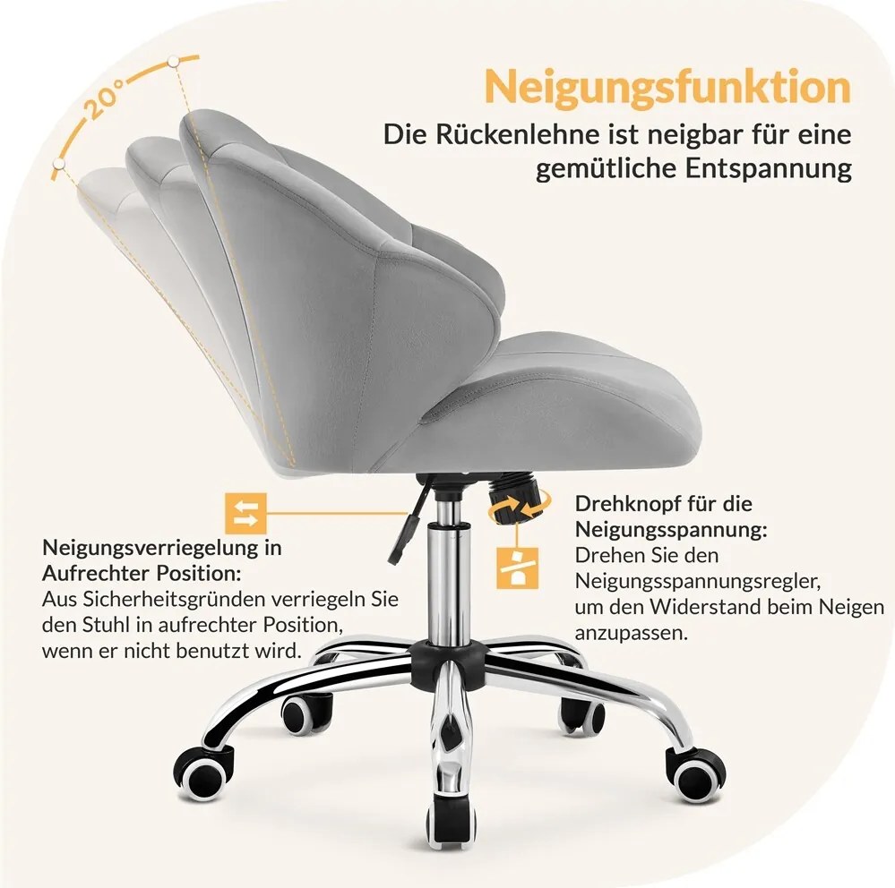 Kancelářská židle Yaheetech – světle šedá, 60 cm (šířka) × 60 cm (hloubka) × 76,5 cm – 86 cm (266901824875)
