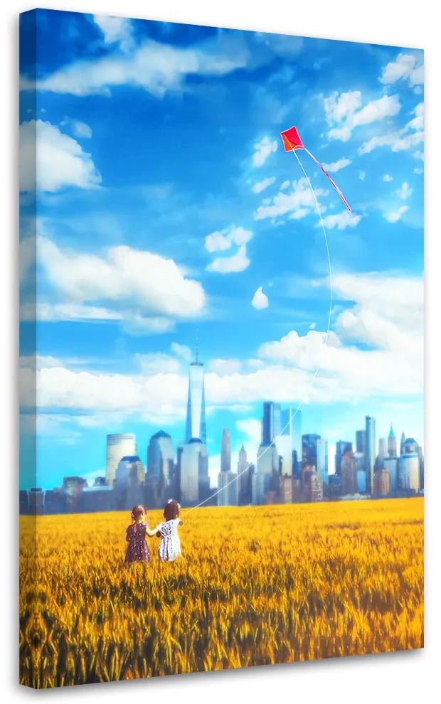 Gario Obraz na plátně Louka Děti Kite City Sky - Bryantama Art Rozměry: 40 x 60 cm