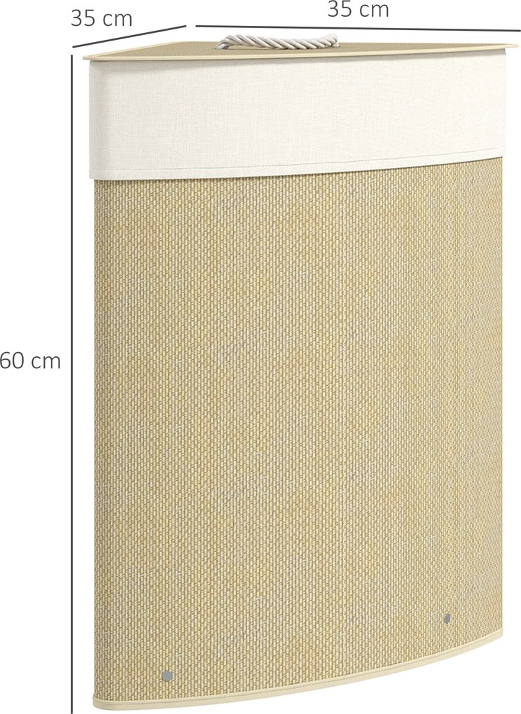 Koš na prádlo HOMCOM z bambusu, 55 l – trojúhelníkový rohový design s odnímatelnou pratelnou vložkou, víkem a madlem, 35 x 60 cm, přírodní