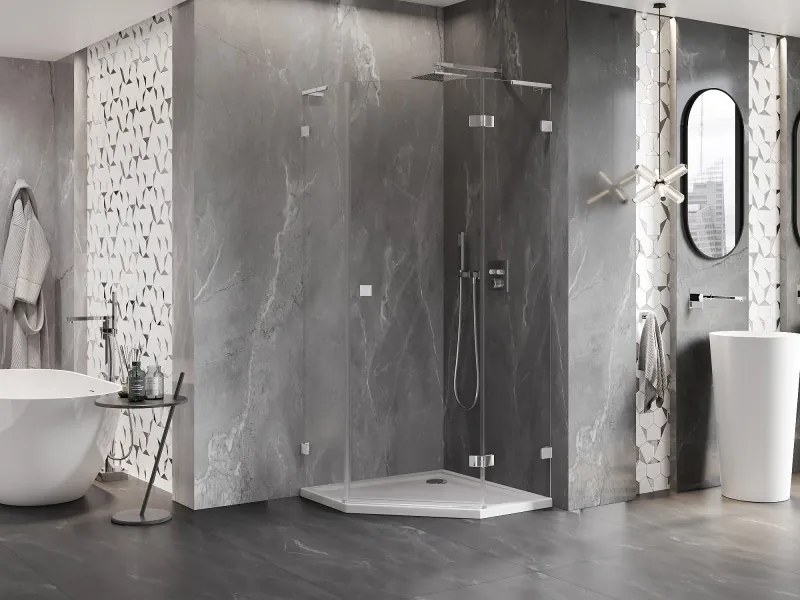 Mexen Lunar, L sklopný pětiúhelníkový sprchový kout pravý 90 x 90 cm, 8mm čiré sklo, chromový profil, 831L-090P-090L-01-00-P