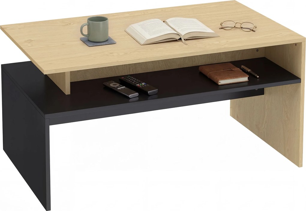 HOMCOM Moderní dvoubarevný konferenční stolek s posunutými úrovněmi a odkládacím prostorem, 95 x 55 x 50 cm, přírodní dřevo a černá