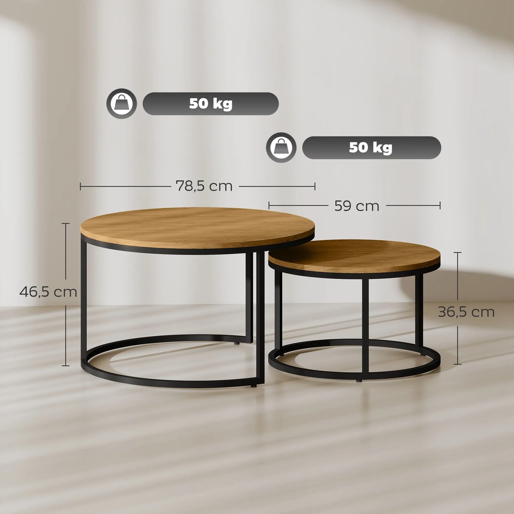 HOMCOM sada 2 navzájem zasouvatelných odkládacích stolků, stohovatelných, industriální design s deskou v betonovém vzhledu, kovové nohy hnědé