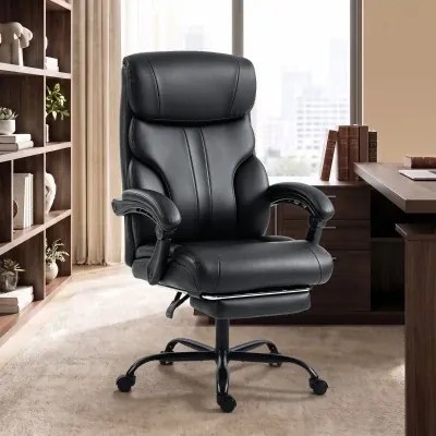 HOMCOM kancelářská židle ergonomická, pracovní židle s opěrkou nohou, vysoká opěrka zad, houpací funkce, PU kůže, černá