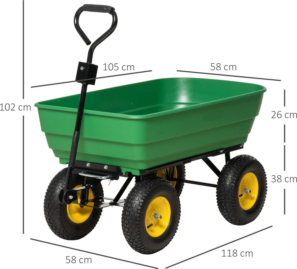 Outsunny Sklopný zahradní vozík, objem 125 L, nosnost 200 kg, přepravní vozík plážový s ocelovým rámem a 4 pneumatickými koly v tmavě zelené barvě